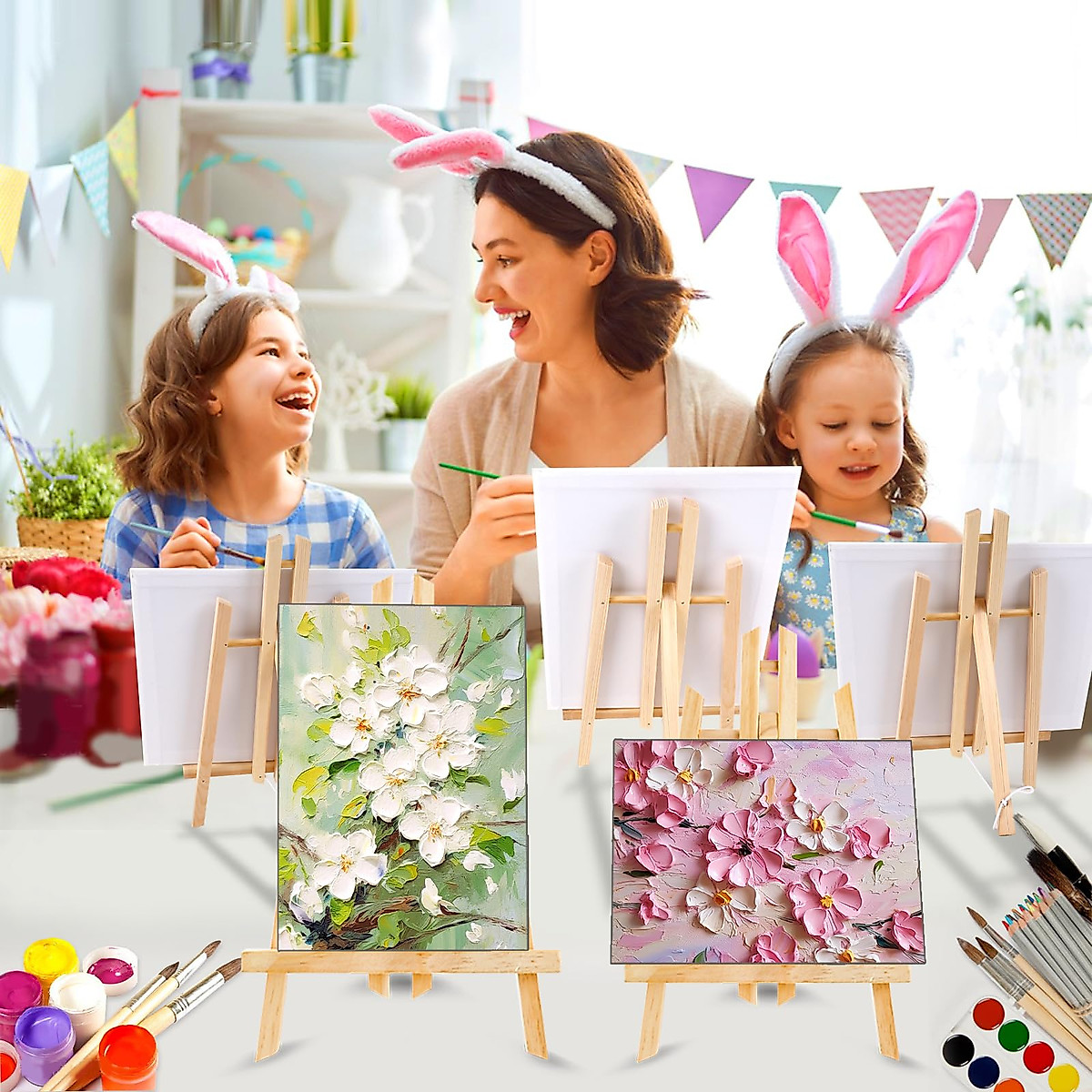 72 PCS Professional Painting Set with Easels, 6 PCS Wood Easels,6 Packs of 60 Brushes with Nylon Brush Head and 6 pcs Palettes, Painting Supplies kit for Kids & Adults to Painting Party.