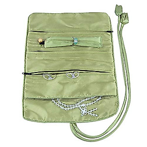 TUMBEELLUWA Embroidery Travel Jewelry Bag Roll Embroidered Flower and Bird Brocade Organizer with Tie Close, Light Green