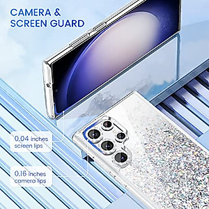 Caka [1+5] for Galaxy S23 Ultra Case, S23 Ultra Case Glitter with Camera Lens Protector for Women Girls Girly Sparkle Bling Liquid Phone Case for Samsung Galaxy S23 Ultra 5G - Clear Silver