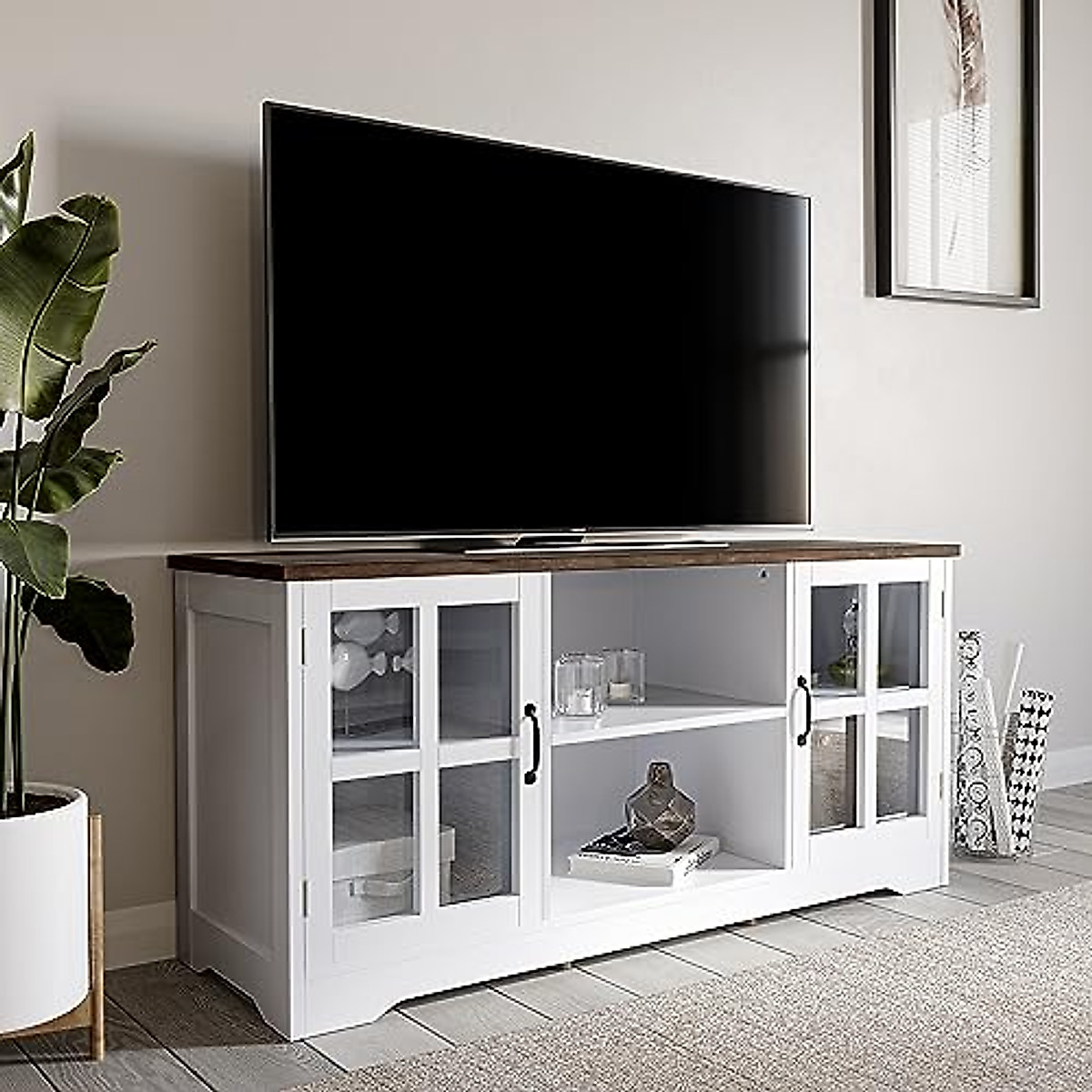BELLEZE Modern 52 Inch Traditional TV Stand & Media Entertainment Center Console Table for TVs up to 55 Inch or Sideboard Buffet with Wood Glass Storage Cabinets - Cori (White)