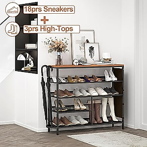 Bonzy Home Shoe Rack For Entryway, 5-Tier Shoe Shelves with Umbrella Holder and Fabric Pockets, Metal Mesh, Flat & Slant Adjustable Free Standing Shoe Racks for 21 Pairs