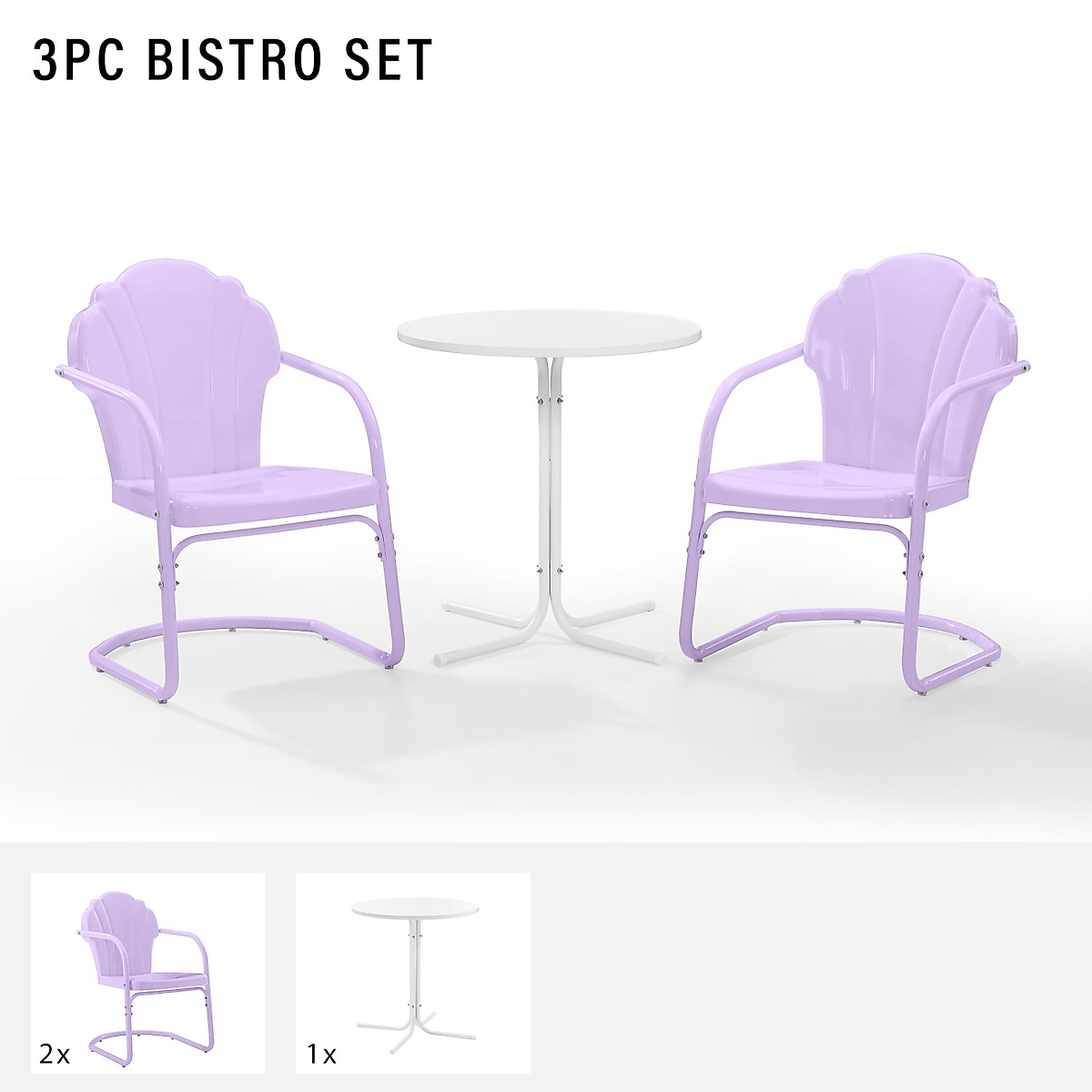 Crosley Furniture Tulip 3-Piece Outdoor Bistro Set, Vintage Retro Metal Patio Table and Chairs for Dining, Lavender Gloss/White Satin