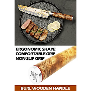 YOUSUNLONG Tanto Kitchen Knife - 8 Inch Japanese Handmade Chef Knife - Razor Sharp Copper Damascus Steel Blade - Cleaver Carving Knife - Naturel Burl Wooden Handle with Leather