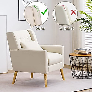 RichFire Mid-Century Modern Accent Chair, Tufted Wingback Reading Chair with Lumbar Pillow and Solid Wood Legs, Linen Fabric Living Room Chair for Living Room Bedroom Apartment, Beige