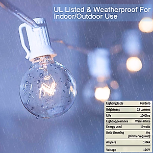 Abeja 25Ft Outdoor Patio String Lights with 25 Clear G40 Bulbs, 5W, E12 Socket Base, UL Certified for Porch Deck Balcony Wedding Party Markets Decor, White