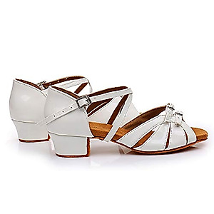 YKXLM Girl's & Women's Leather Latin Dance Shoes Ballroom Adjustable Buckle Dancing Shoes Cross Strap Ballroom Heels,Model AS-WH-D28-White-3.5cm,12.5 M Little Kid