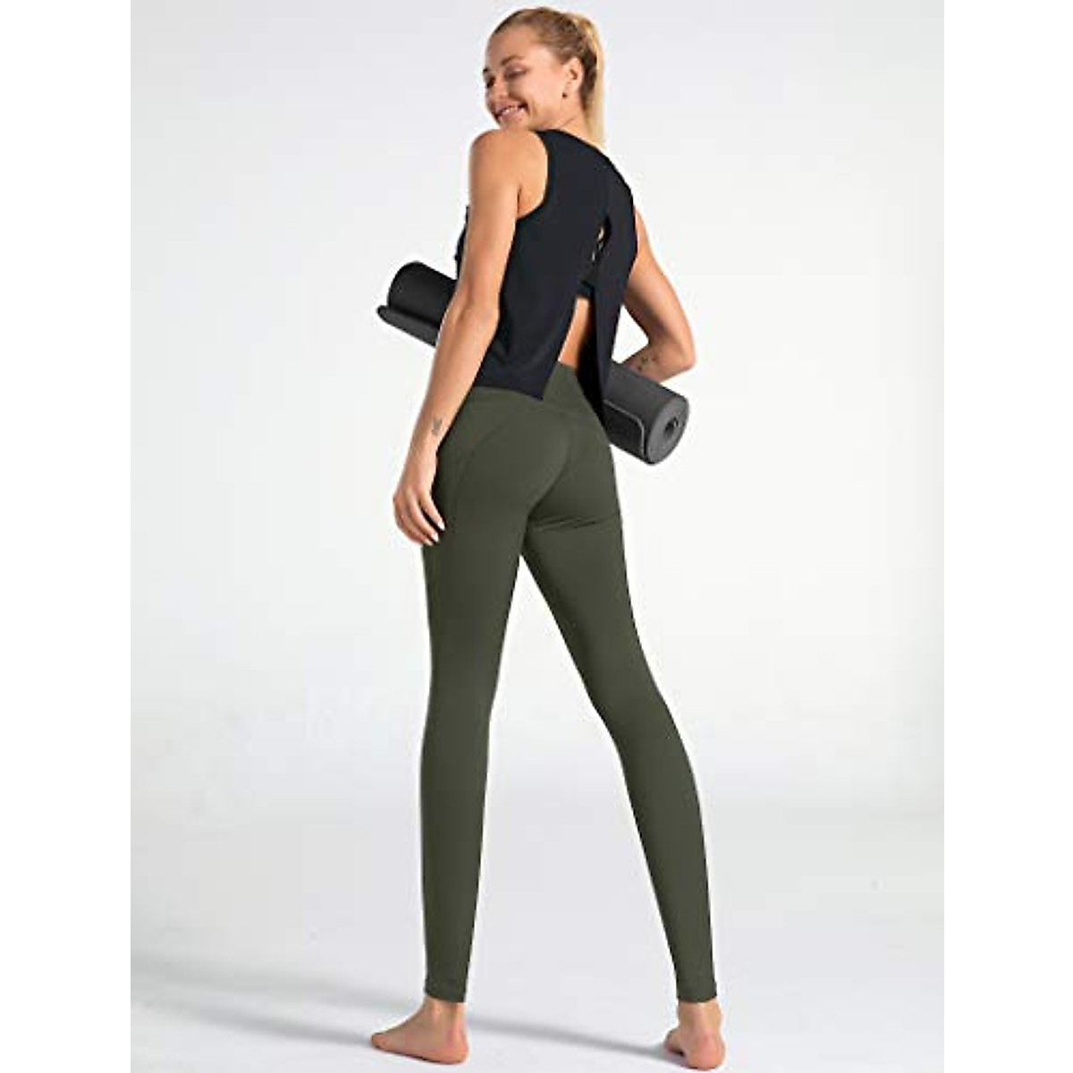 Dragon Fit High Waist Yoga Leggings with 3 Pockets,Tummy Control Workout Running 4 Way Stretch Yoga Pants (Medium, Olive Green)