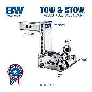 B&W Trailer Hitches Chrome Tow & Stow Adjustable Trailer Hitch Ball Mount - Fits 2" Receiver, Tri-Ball (1-7/8" x 2" x 2-5/16"), 7" Drop, 10,000 GTW - TS10049C