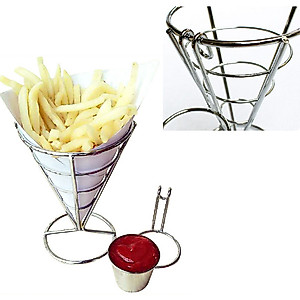 BESTONZON 2-Piece French Fry Stand Metal Spiral Cone Basket Holder for Fries Fish and Chips and Sauce Dippers