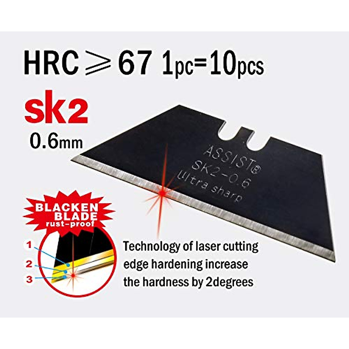 ASSIST 60-pack Utility Knife Blades,6 Durable Plastic Boxes, SK2 High-Carbon Steel,Nice Tempered Black Blade Replacement for Standard Retractable Cutting Knives, Box Cutter