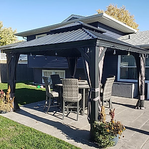 Domi 10'x12' Hardtop Gazebo Canopy,Outdoor Aluminum Gazebo with Galvanized Steel Double Roof,Curtain and Netting Included,Grey