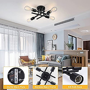 SunRider Industrial 4-Light Semi Flush Mount Ceiling Light Fixture, Modern Farmhouse Lighting Matte Black, Rustic Sputnik Chandelier Ceiling Lamp for Kitchen Bedroom Living Room, Bulbs Not Included