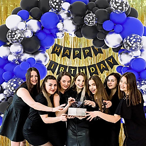 Royal Blue and Black Silver Balloon Garland Arch Kit - 122PCS Blue Black Balloons Metallic Silver Confetti Balloons Video Gaming Party Supplies for Boy Video Cards Gamer Fan Men 20th 30th 40th 50th Birthday Retirement Party Decorations Men