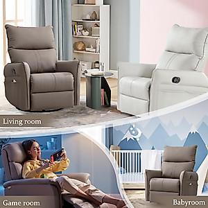 QKFF Swivel Rocker Recliner Chair, Upholstered 360° PVC Leather Glider Rocker Chair for Nursery, Manual Small Recliners for Small Spaces Living Room (Brown)