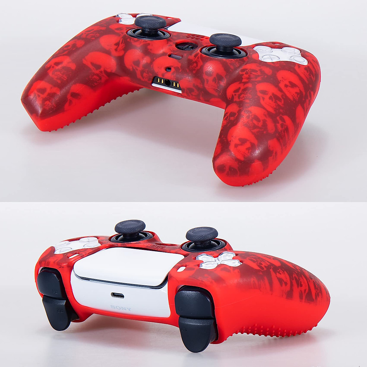 9CDeer 1 Piece of Silicone Transfer Print Protective Cover Skin + 10 Thumb Grips for PlayStation 5 / PS5 Controller Skull Red