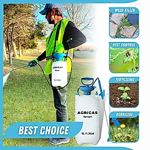 AGRICAS 1.3 Gallon Lawn & Garden Sprayer with Pump and Wand, 5L Pressure Weed Sprayer with Adjustable Nozzles and Shoulder Strap, Yard Pump Sprayer, Large Easy Fill Opening and Safety Valve