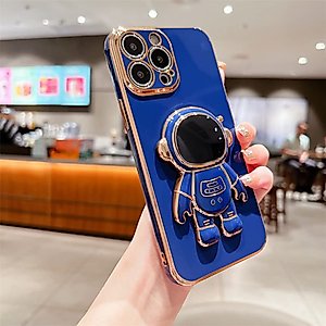 AIGOMARA 6D Plating Astronaut Hidden Stand Case Cover for iPhone 13 Pro Max Women Astronaut Folding Bracket Kickstand iPhone Case with Camera Protector Soft TPU Shockproof Bumper 6.7 in - Navy Blue