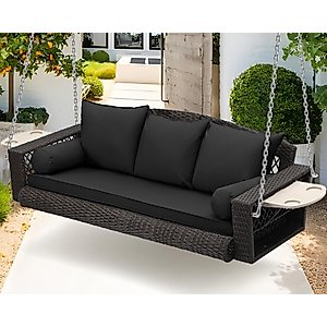 Grepatio Wicker Hanging Porch Swing - Outdoor 3 Person Patio Swing Bench with Cushion & Chains - 3-Seat Porch Swing Chair with Cup Holder for Garden, Yard, Lawn (Grey)