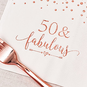 Crisky Rose Gold Foil 50 Fabulous Napkins Plates Cups Set for Women 50th Birthday Party Decorations Supplies, Disposable Tableware Set of 24 (9" Plates, 7" Plates, Luncheon Napkins, 9oz Cups)