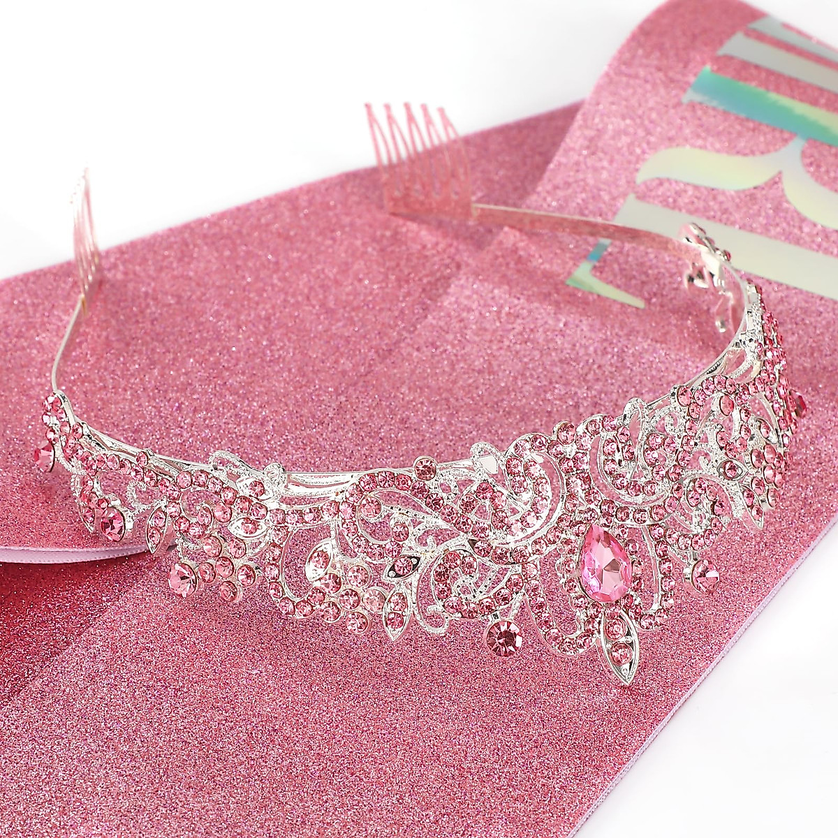 GINZU Pink Headbands Birthday Tiaras for Girls, Birthday Crown Sash Happy Birthday Girl Tiara Princess Birthday Party Decorations Gifts