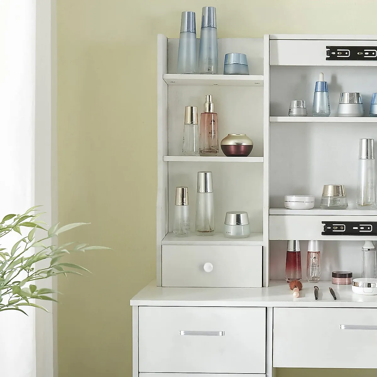 White Vanity Desk with Mirror and Lights, Makeup Vanity Desk with 5 Drawers of Storage, Bedroom Makeup Dressing Table with Stool, White (JTO-07)