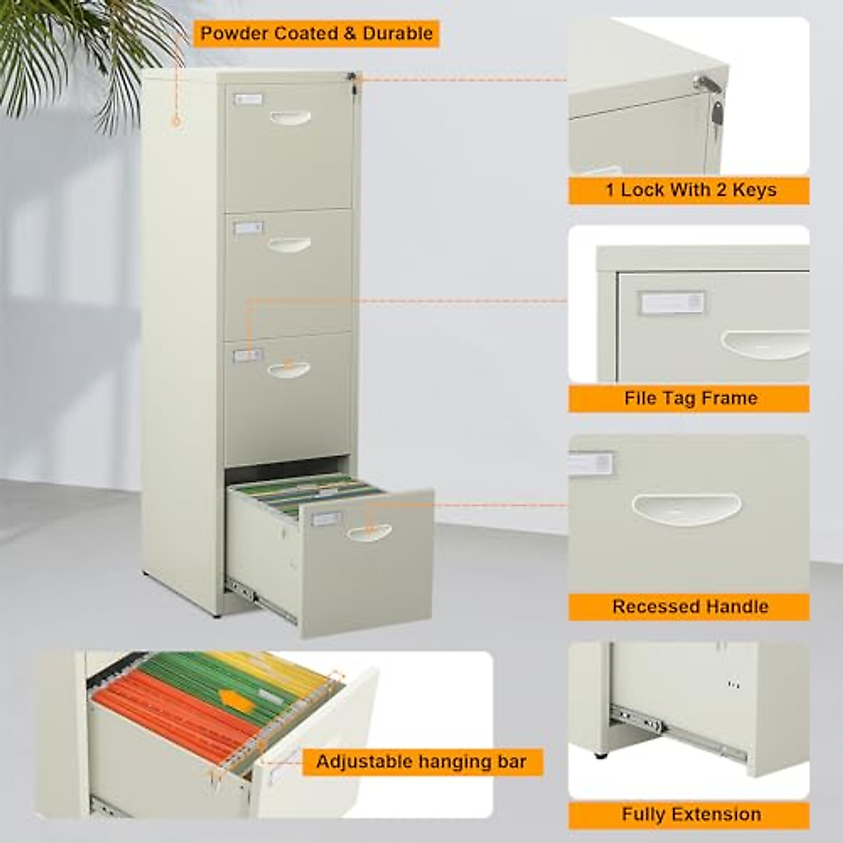 4 Drawer File Cabinet Vertical Filing Cabinets with Lock Metal File Cabinets Office Home Letter Size Steel Vertical File Cabinet for A4 Letter/Legal Size W15.7”x D18”x H53” Beige Assembly Required