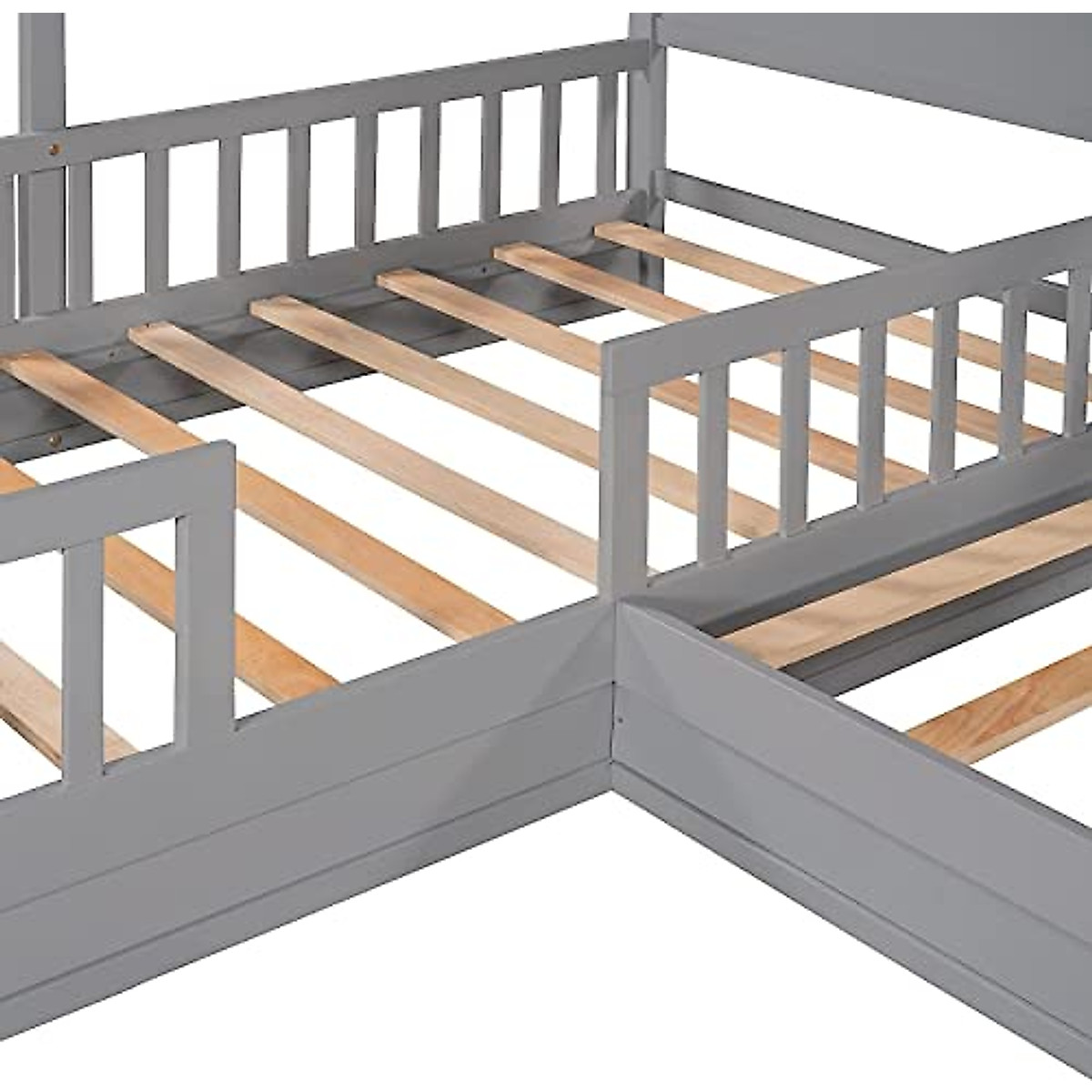 Harper & Bright Designs House Bed with Double Twin Beds, Wood L-Shaped 2 Platform Beds Roof ,Window,Fence and Slatted Design, Corner Playhouse Frame ,Montessori for Kids Girls Boys ,Grey