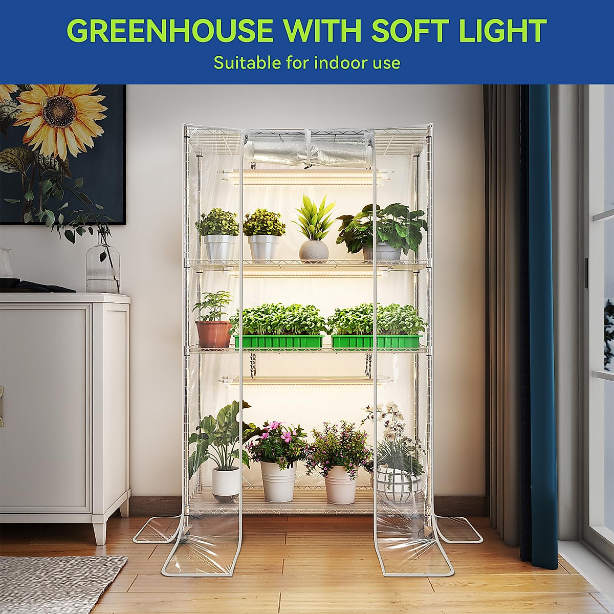 Monios-L Indoor Greenhouse with Grow Light and Shelf,Mini Greenhouse with 4-Tier Metal Plant Stand,Full Spectrum Growing Lamps with Clear Cover Tent for Seed Starter System,(35Lx14Wx61H)