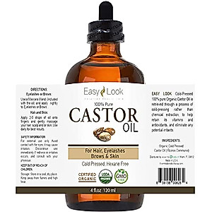 EASY LOOK Castor Oil 4oz, USDA Certified Organic 100% Pure, Stimulate Growth for Eyelashes, Eyebrows, Hair. Skin Moisturizer & Hair Treatment Starter Kit