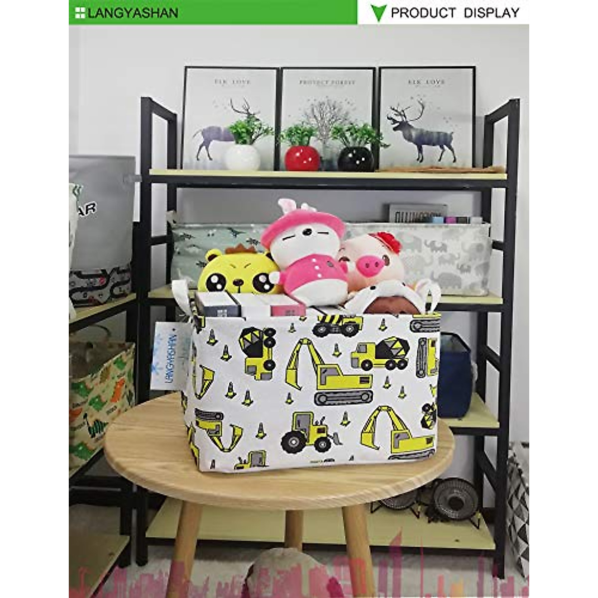 LANGYASHAN Rectangular Storage Bin Collapse Canvas Fabric Cartoon Storage Basket with Handles for Organizing Home Kitchen Boys and Girls Toys Office Closet Shelf Baskets (Rec Engineering Vehicle)