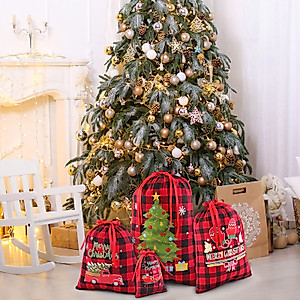 Aneco 12 Pieces Christmas Drawstring Gift Bag with Drawstrings Red and Black Buffalo Plaid Fabric Bag with Drawstring Cotton Xmas Candy Bags with 24 Tags Rope, Assorted Sizes
