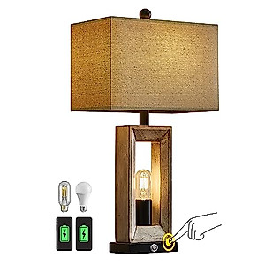 G-SAFAVA 25&quot; Farmhouse USB C+A Charging Ports 3-Way Dimmable Touch Control Brown and Black Table Lamp with Nightlight Vintage Modern Lamps for Living Room Bedroom Hotel(2 Bulbs Included)