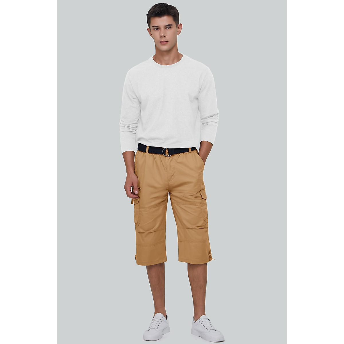 MAGCOMSEN Men's below Knee Long Shorts Cotton Work 3/4 Cargo Capris 7 Pockets Twill Military Summer Shorts Khaki 32