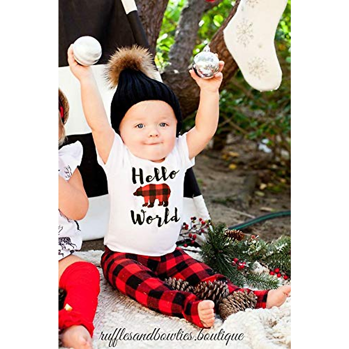 Newborn Baby Boy Winter Clothes Hello World Letter Print Baby Bear Outfits Buffalo Plaid Pants Hat Christmas 3PCS Sets (Hello World, Preemie)