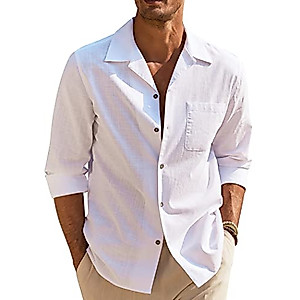 COOFANDY Men Cotton Linen Shirts Long Sleeve Cuban Collar Shirt Beach Resort Shirts White