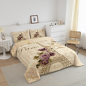 Homewish Eiffel Tower Full Size Comforter Set,Purple Rose Bedding Set for Adults Teens,Children Romantic Paris Comforter Luxury Retro Style Quilt Set Room Decor 3Pcs