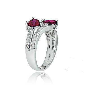 Ice Gems Sterling Silver Created Ruby and White Topaz Double Heart Friendship Ring, Size 10