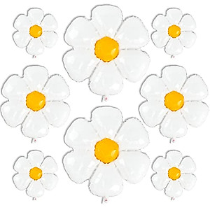 PartyWoo Daisy Balloons, 8 pcs Foil Flower Balloon Different Sizes Pack, Balloons for Daisy Balloon Garland as Party Decorations, Birthday Decorations, Wedding Decorations, Baby Shower Decorations