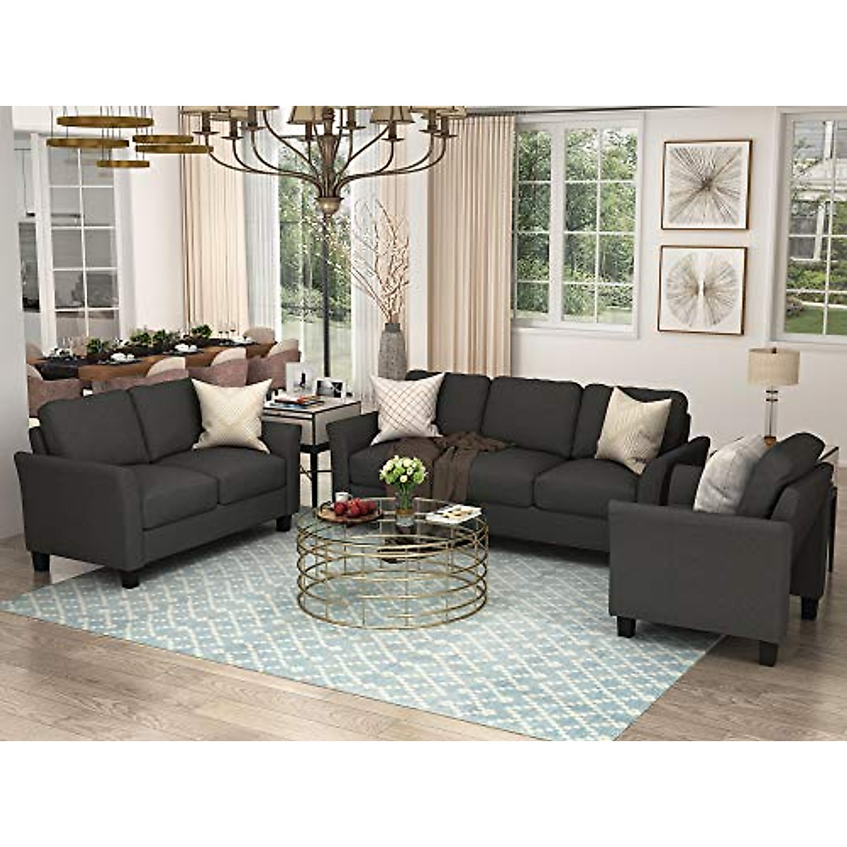 MOEO 3 Piece Living Room Sofa Sectional Set for Home Furniture, Polyester-Blend Three Couch Loveseat and Armchair, Black
