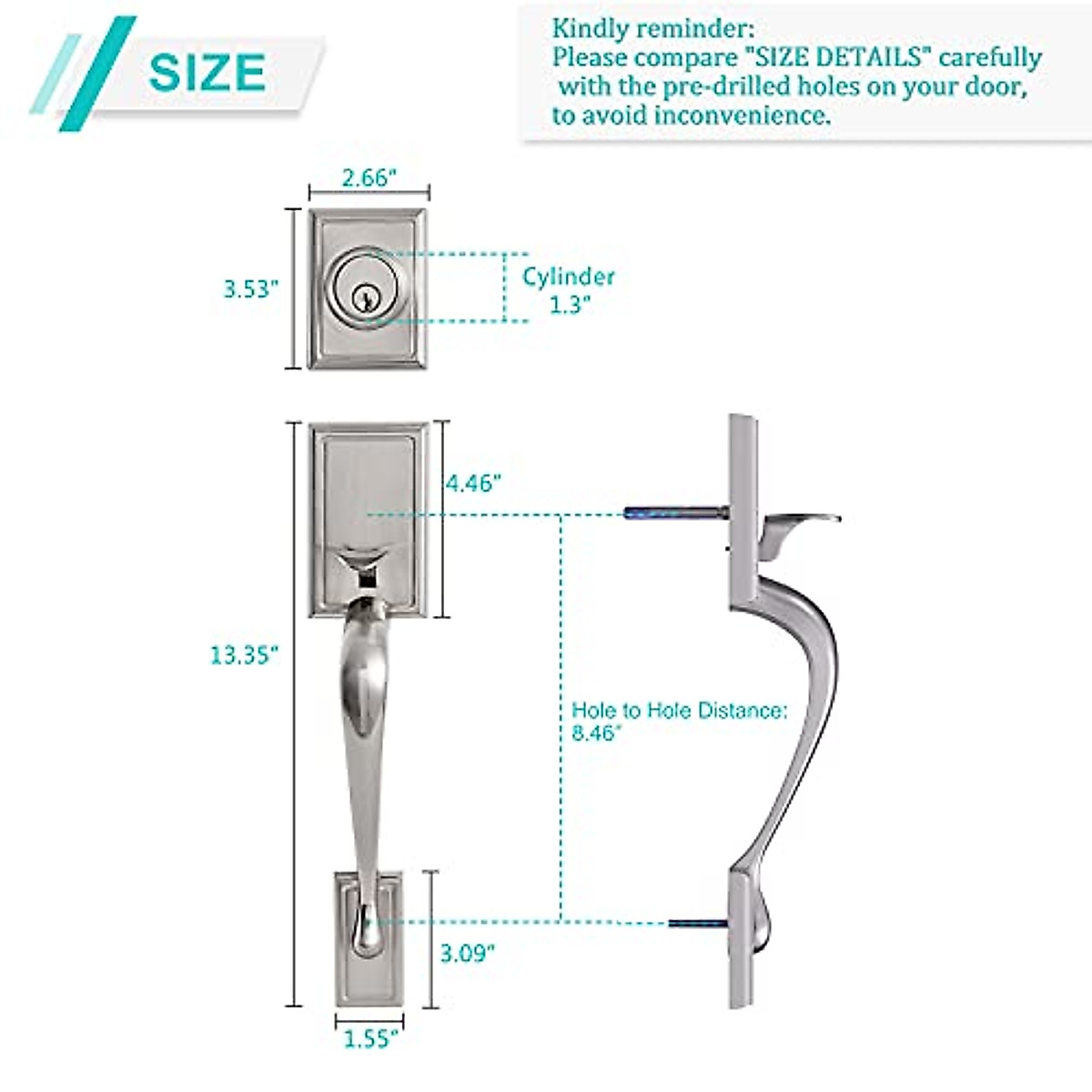 GUA OYH Double Door Handleset for Entryway Satin Nickel Front Door Handle Keyed Dummy Door Lock Set with Handle Lever for Front Door or Office Door, Satin Nickel (for Double Door) (L361516-S-S117)