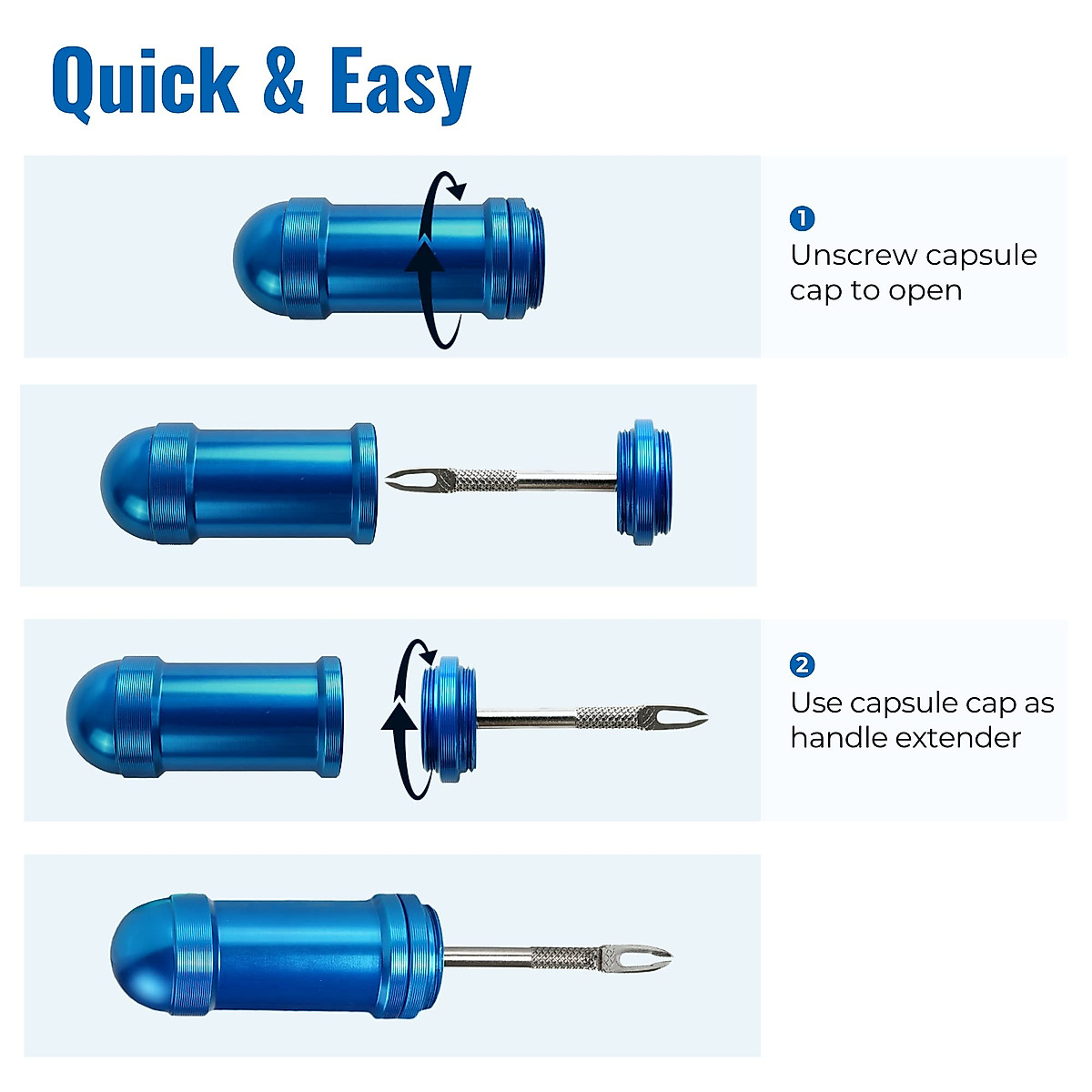 Tirellix Tubeless Bicycle Tire Repair Kit (Blue), Includes 5 (1/8") 3.5mm Plugs to Repair Mountain & Road Bike, Fix Flat for MTB, Car or ATV, Plus Storage Capsule Grip Extender