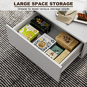 IKIFLY Modern LED Coffee Table with A Drawer, White High Glossy Coffee Table with 16 Colors LED Lights for Living Room