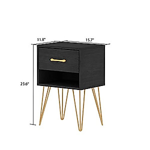FAMAPY Nightstands Set of 2, Bedside Table Side Table with Drawer & Shelf, Industrial Style, Gold Metal Legs, End Table Black (15.7”W x 11.8”D x 23.6”H)