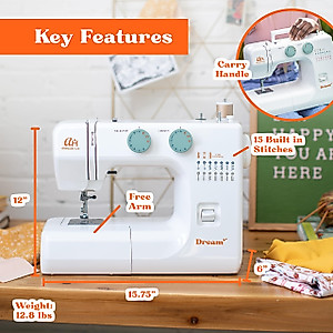 Sewing Machine for Beginners, The Dream by American Home, 15 Built-in Stitches, Great for Refashioning Clothes, AH700