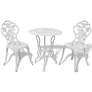 3 Piece Bistro Set | 3pcs Metal Patio Sets | Outdoor Decorative Conversation Sets | Garden 1 Round Table and 2 Chairs for Yard, Porch, Backyard, Balcony, Poolside | White Cast Aluminium and Iron