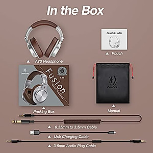 OneOdio A70 Bluetooth Over Ear Headphones, Wireless Headphones w/ 72H Playtime, Hi-Res, 3.5mm/6.35mm Wired Audio Jack for Studio Monitor & Mixing DJ E-Guitar AMP, Computer Laptop PC Tablet - Silver