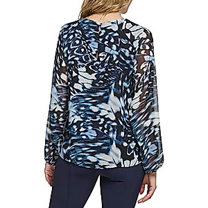 Calvin Klein Women's Essential Shirred Front Longsleeve Printed Blouse, TWILGHT Blue/Black, Medium