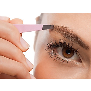 Precision Stainless Steel Eyebrow Tweezers Set In Pointed And Slanted Tip, Curved Brow Scissors, Comes With Pink Travel Case