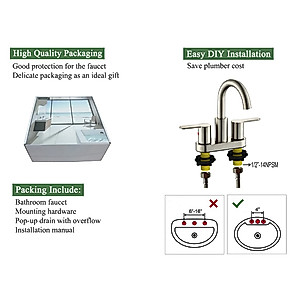 TimeArrow 2 Handle Centerset Bathroom Sink Faucet Brushed Nickel with Drain Assembly, High Arc Modern 4 Inch Bathroom Vanity Lavatory Faucet 3 Holes with Brass 360° Swivel Spout, TAF067E-BN