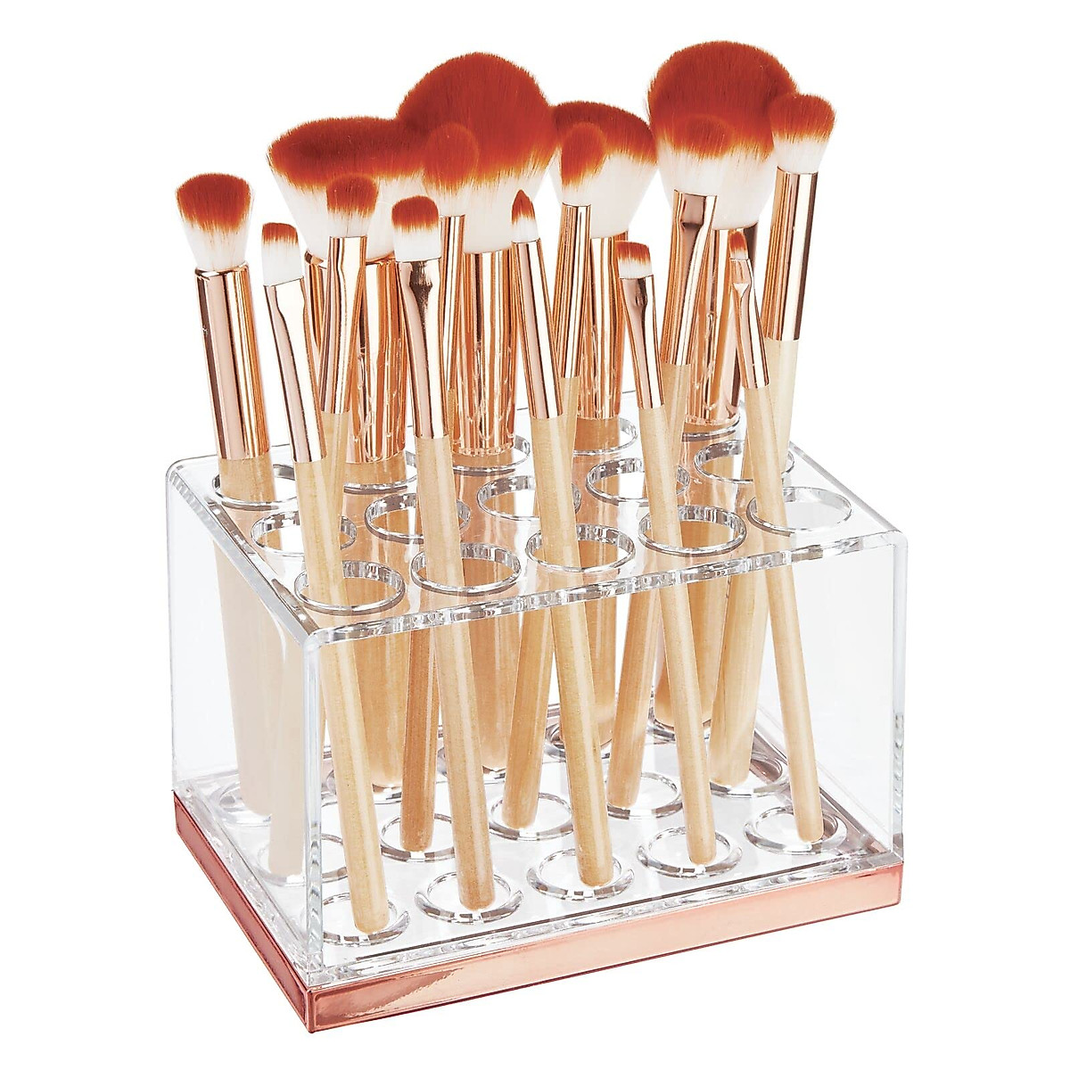 mDesign Plastic Makeup Brush Storage Organizer with 15 Slots for Bathroom Countertop, Vanity to Hold Eye/Lip Pencils, Lip Gloss, Liners, Lipstick - Clear/Rose Gold